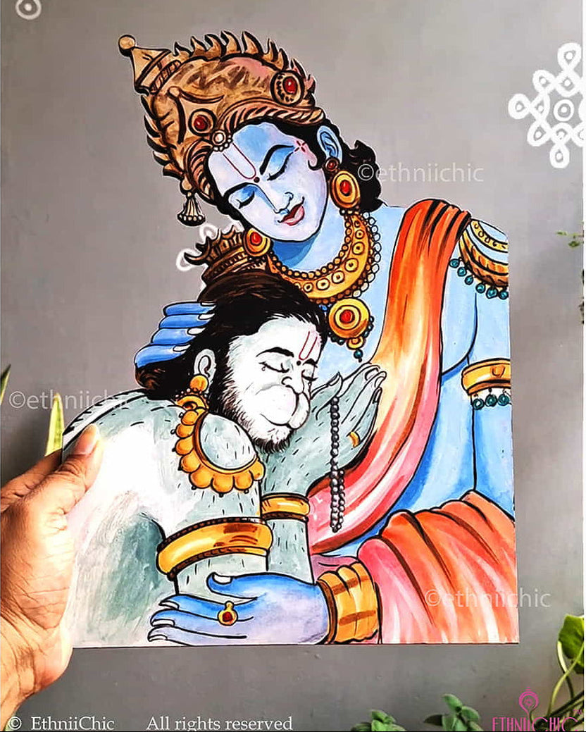 Wooden Cut-out of Hand Painted Shri Ram Hanuman – EthniiChic