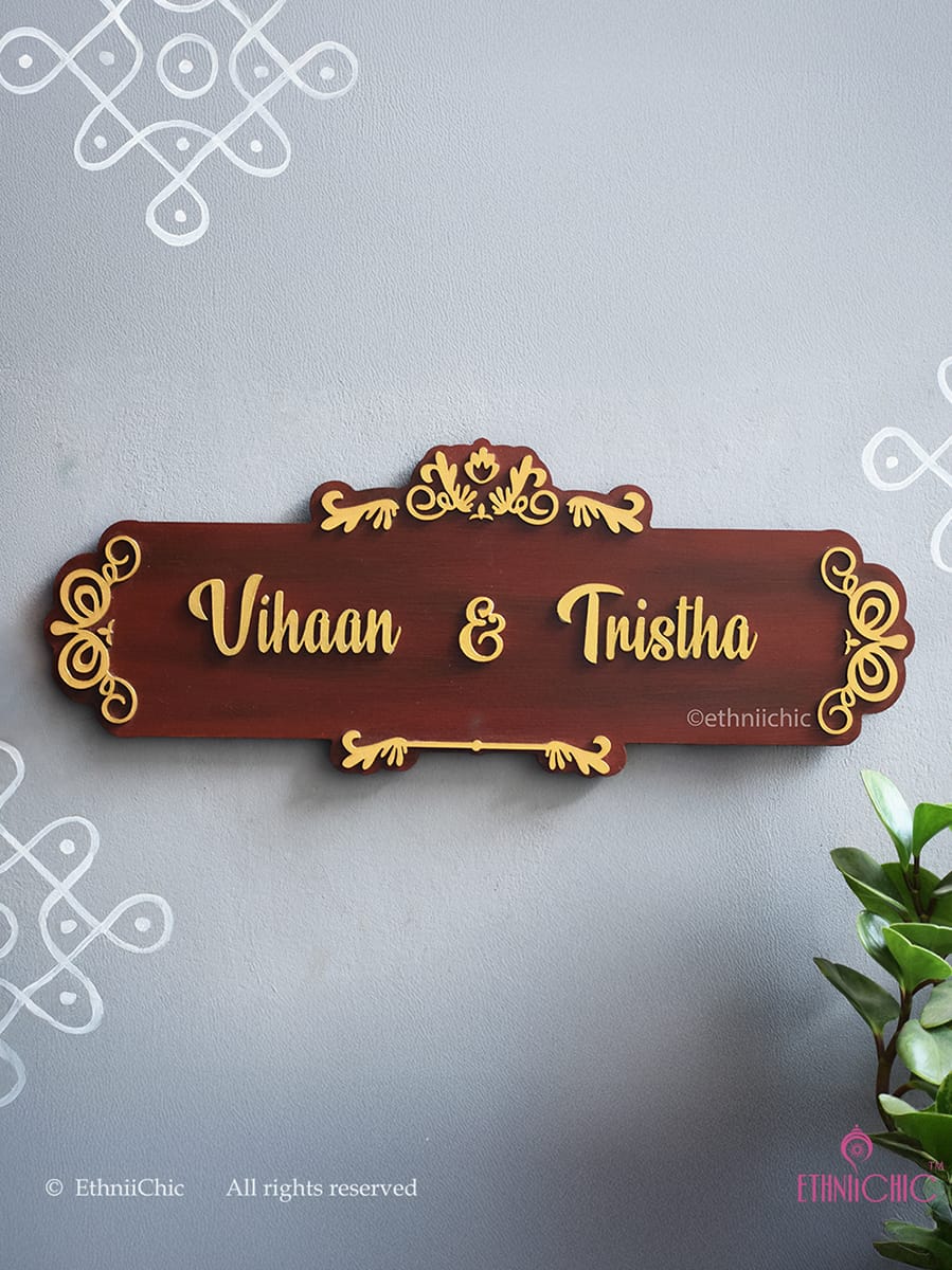 Ornate Wooden Nameboard with Golden Accents – EthniiChic